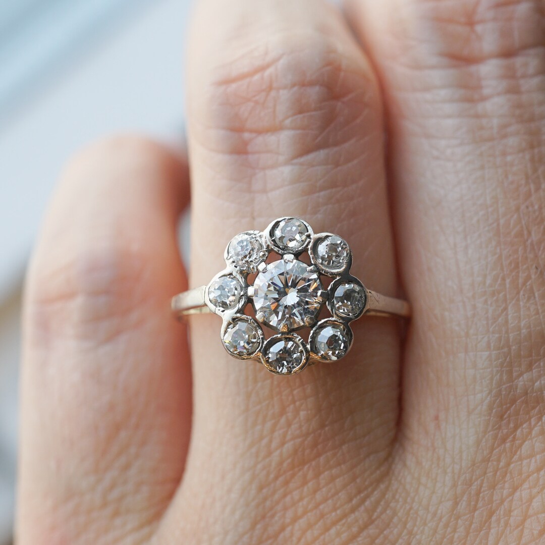 Victorian Bezel Set Diamond Cluster Engagement Ring in Silver & 14k - Etsy