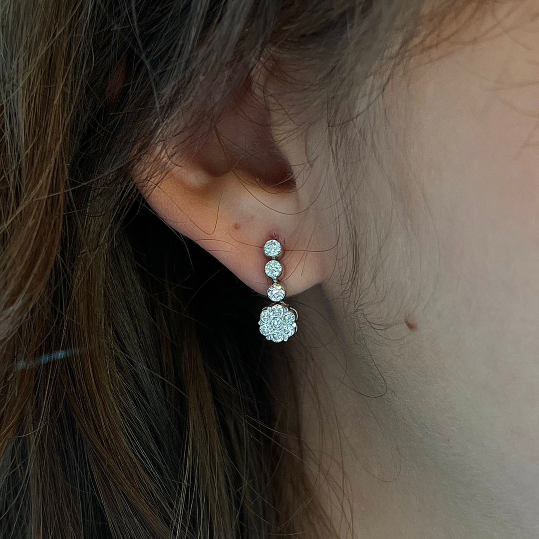 Modern Diamond Cluster Drop Earrings in 18k White Gold - Etsy