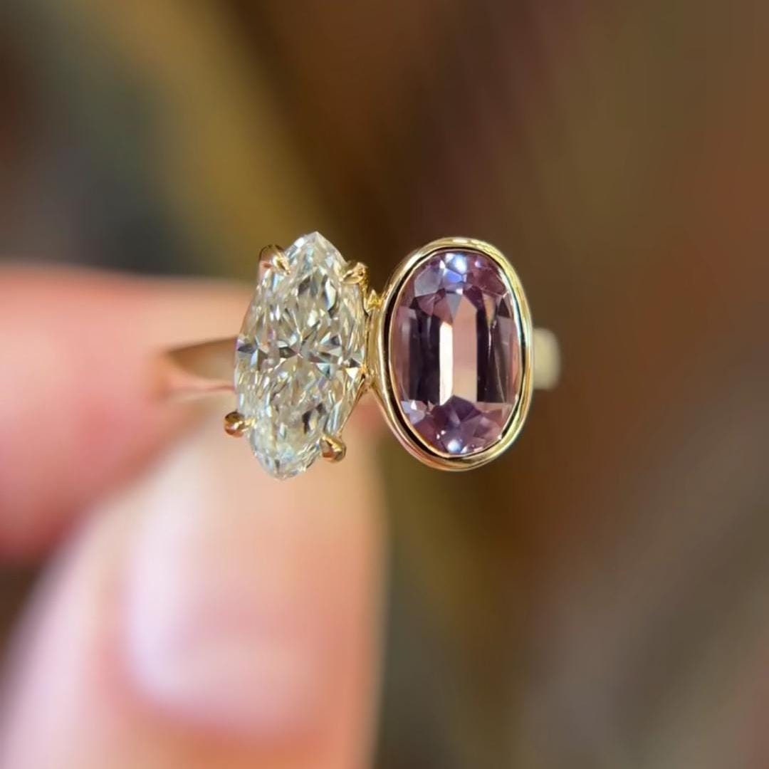 Bezel Diamond & Spinel Toi Et Moi Ring in Yellow Gold - Etsy