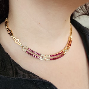Emerald Cut Ruby & Diamond Necklace in 14k Yellow Gold - Etsy