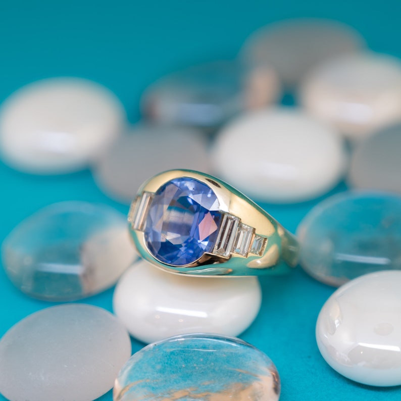 Flush Set Sapphire & Diamond Cocktail Ring in 14k Yellow Gold - Etsy