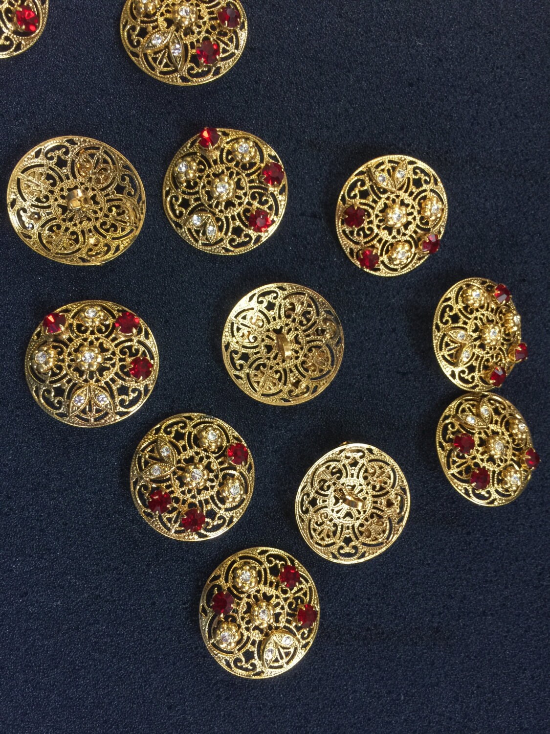 12 Red Antique Brass Filigree Button Floral Design With Crystal . Made ...