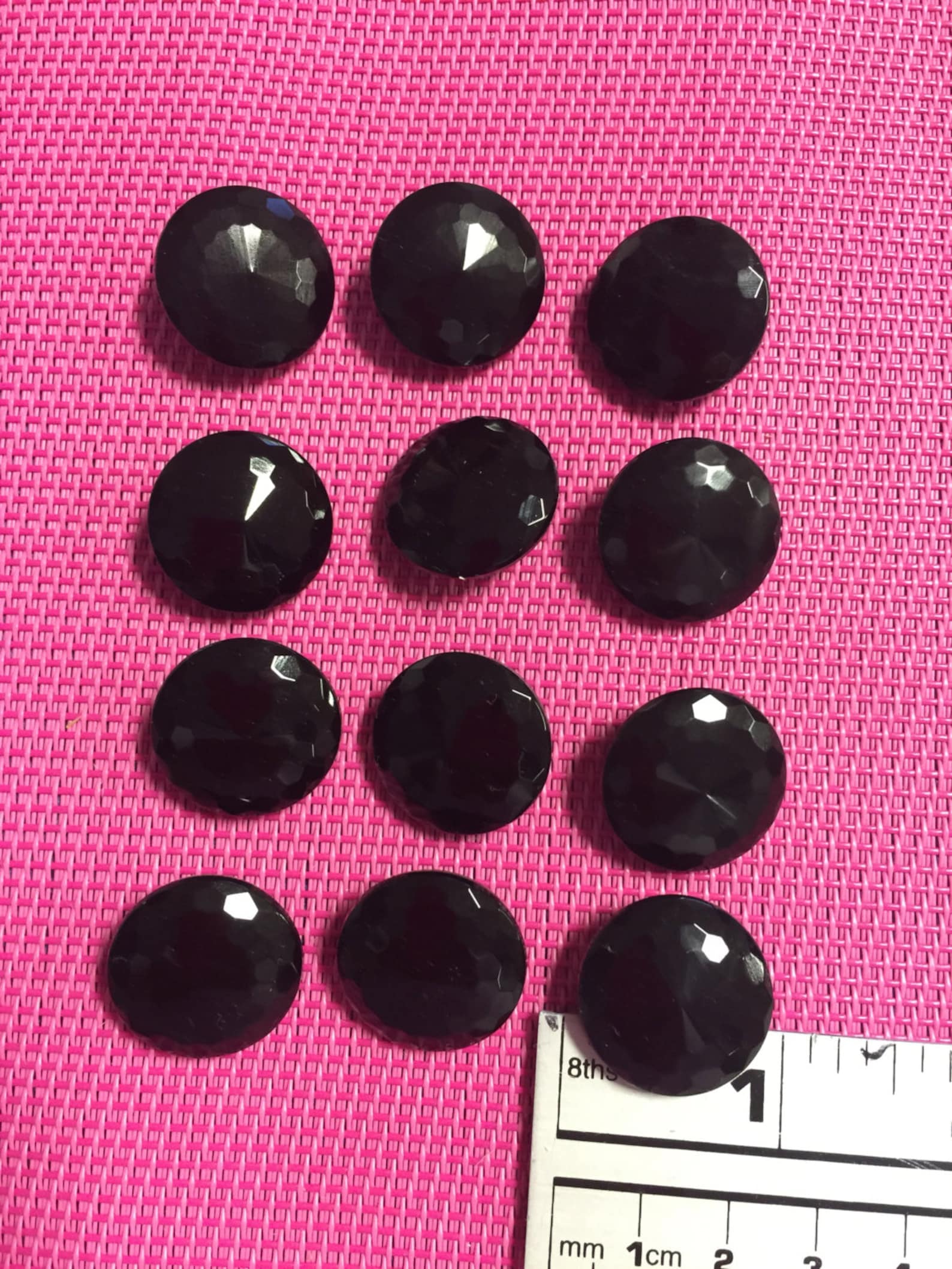 12 Vintage Black Glass Shank Buttons Faceted With Centre Point, 7/8 ...