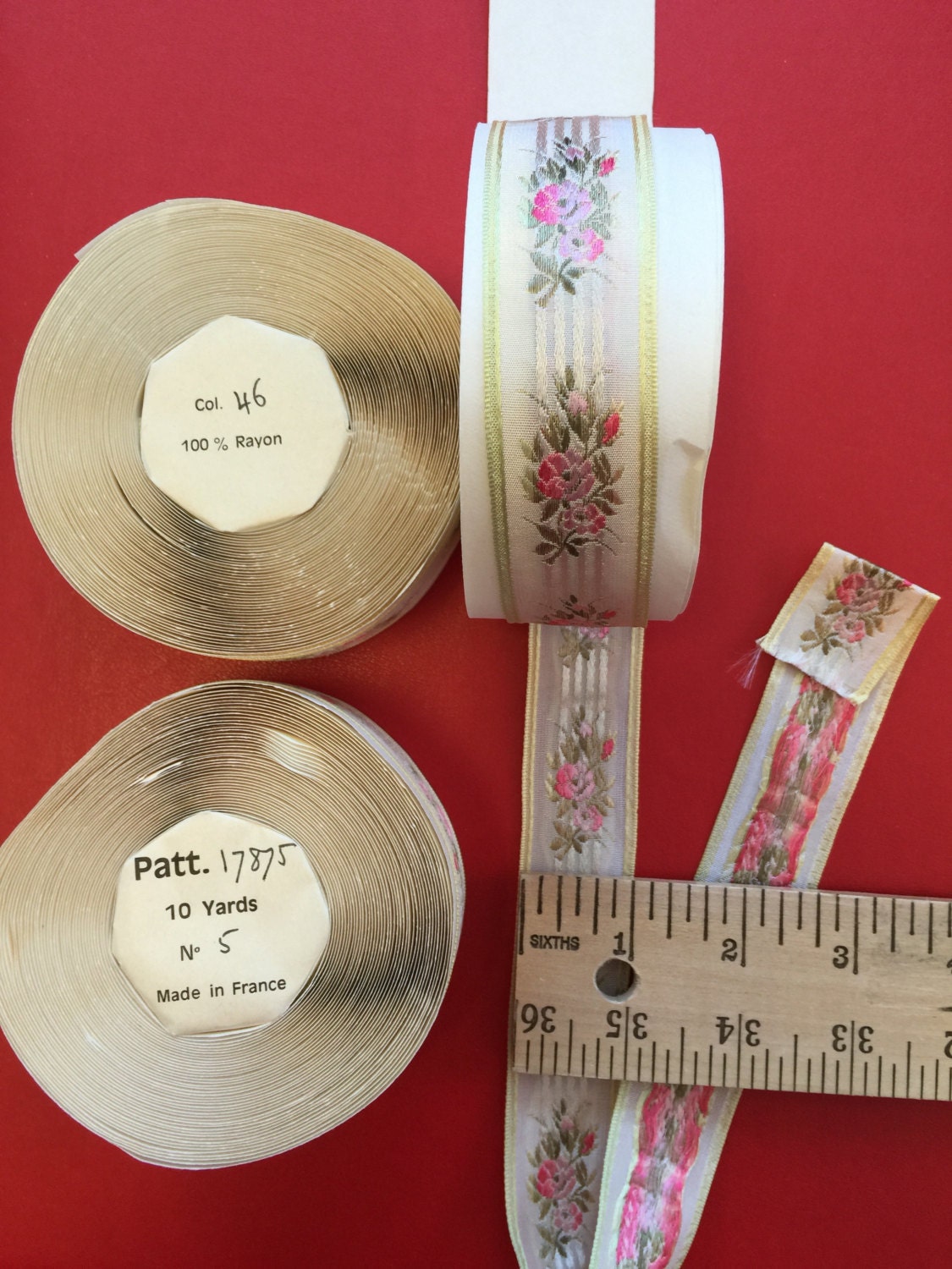 French Vintage Floral Ribbon With Pattern. Made in France. - Etsy