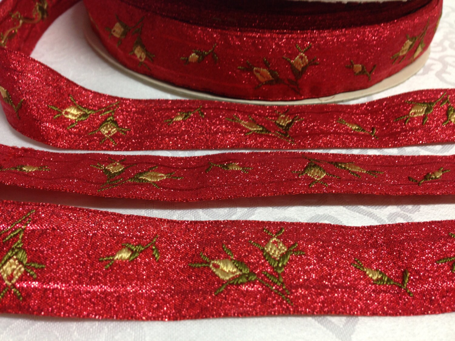 Sold by the Yards Vintage Red Jacquard Floral Embroidered Ribbon . Made ...