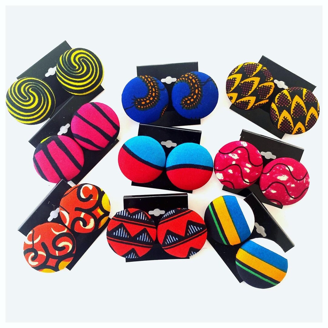 Bold African Fabric Button Earrings Stainless Steel Pic Clasps Make a ...