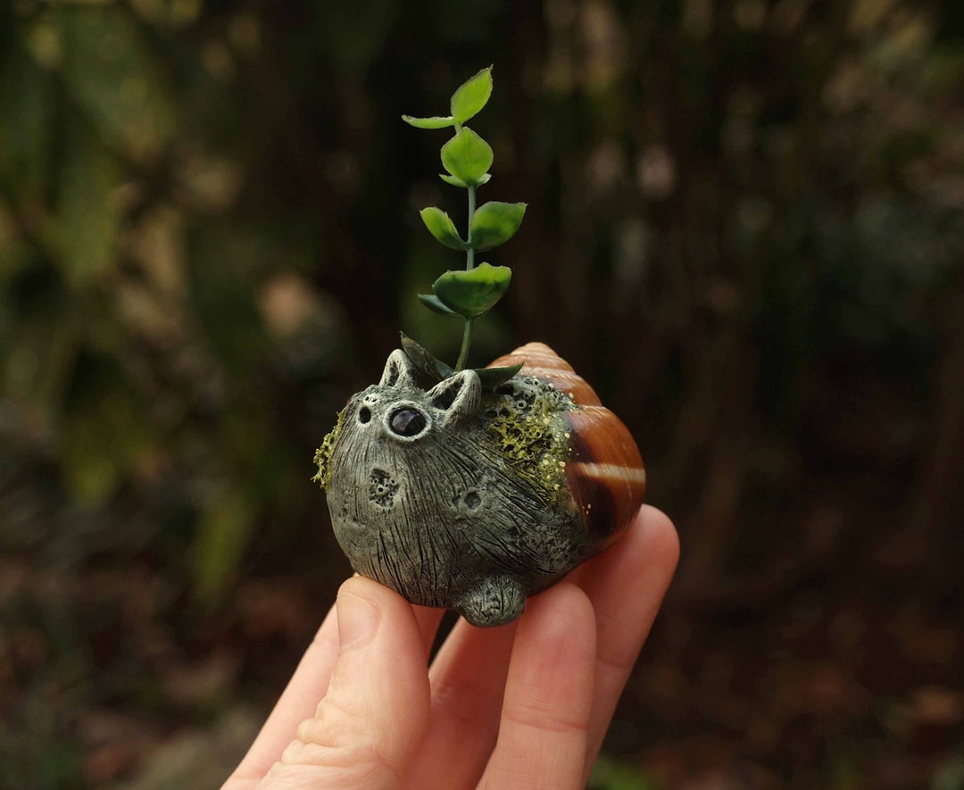 Cat Sculpture, Snail Shell, Polymer Clay, Brown, Green, Fantasy Art ...