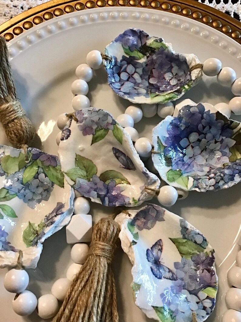 Handmade Decoupaged Oyster Shell Wooden Beaded Garland Coastal Decor, Beach House Decor ...