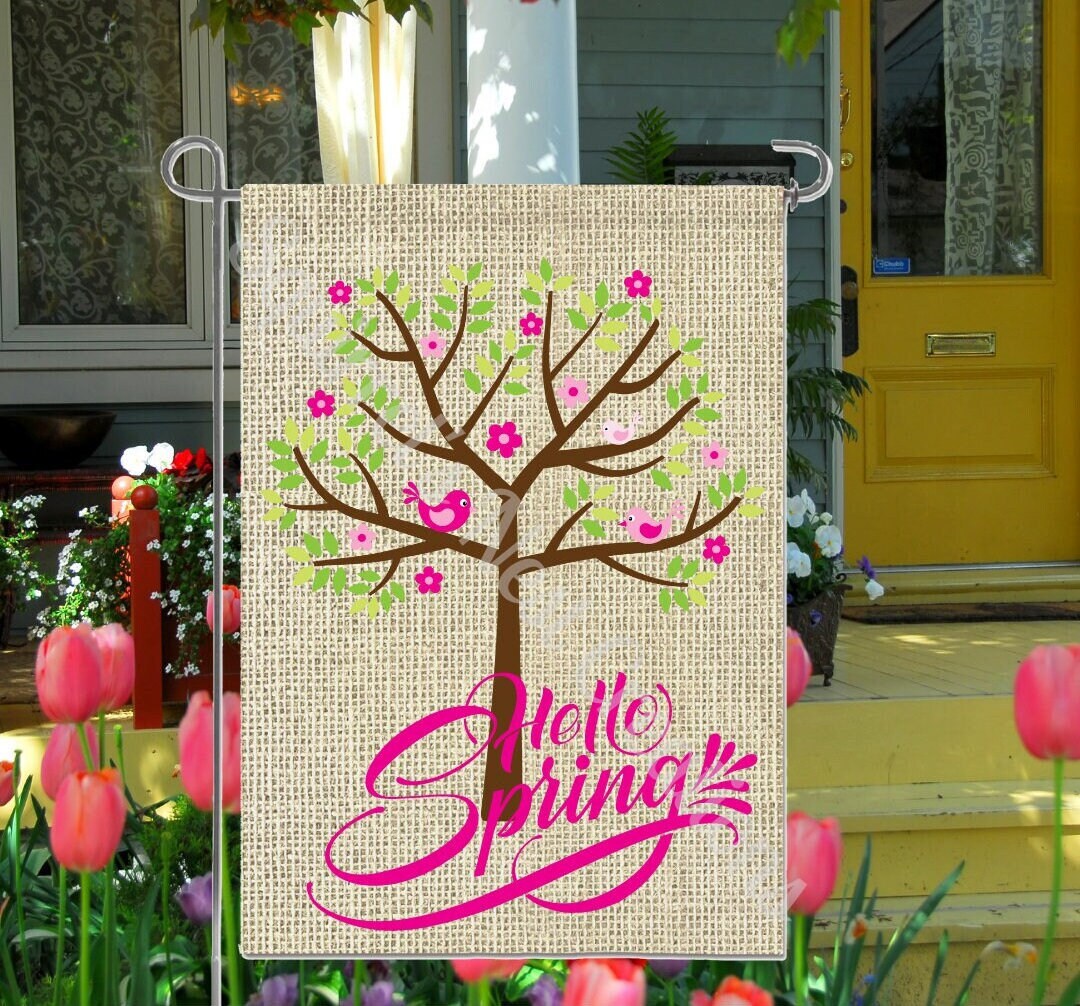 Welcome Spring Pink and Green Blooming Tree With Birds Burlap Garden ...