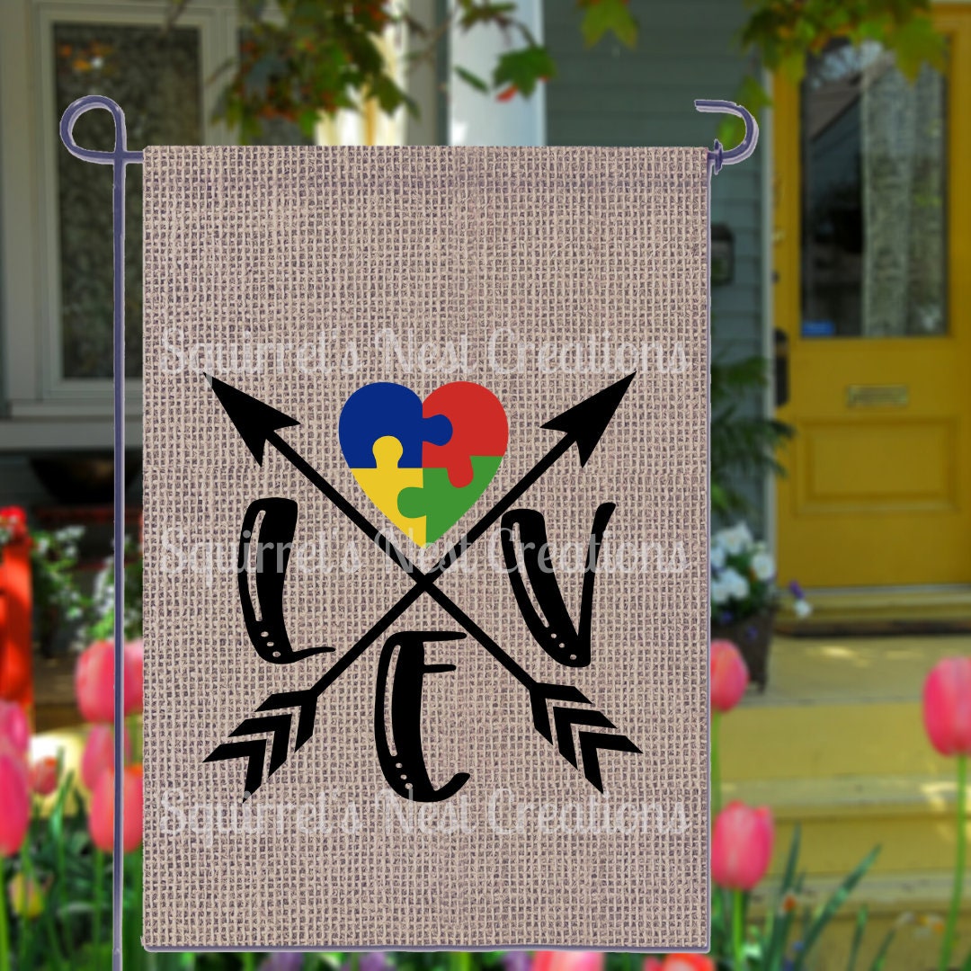 Autism Awareness Heart Love With Arrows Handmade Burlap Garden Flag - Etsy