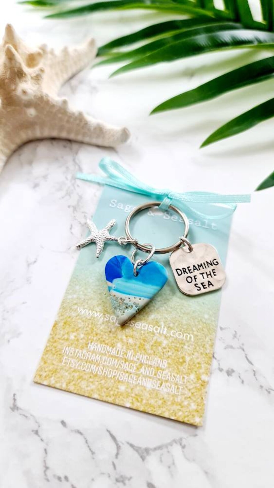 Beach Heart Keyring: Handmade Polymer Clay Sand & Starfish Charm - Etsy