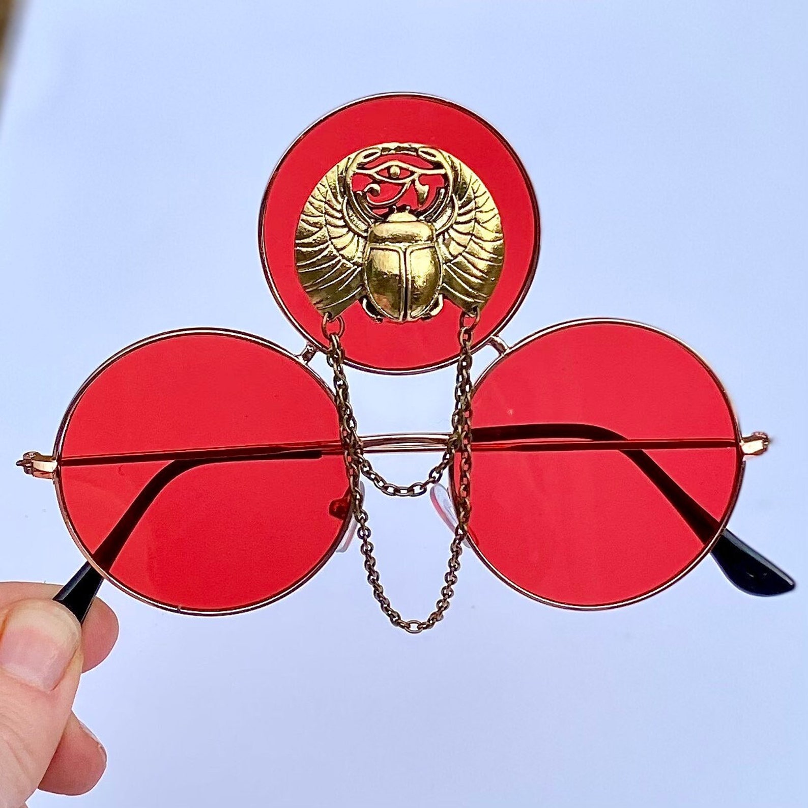 Third Eye Sunglasses Red Round Glasses Scarab Egyptian Evil Eye Psychedelic Custom Rave Festival ...