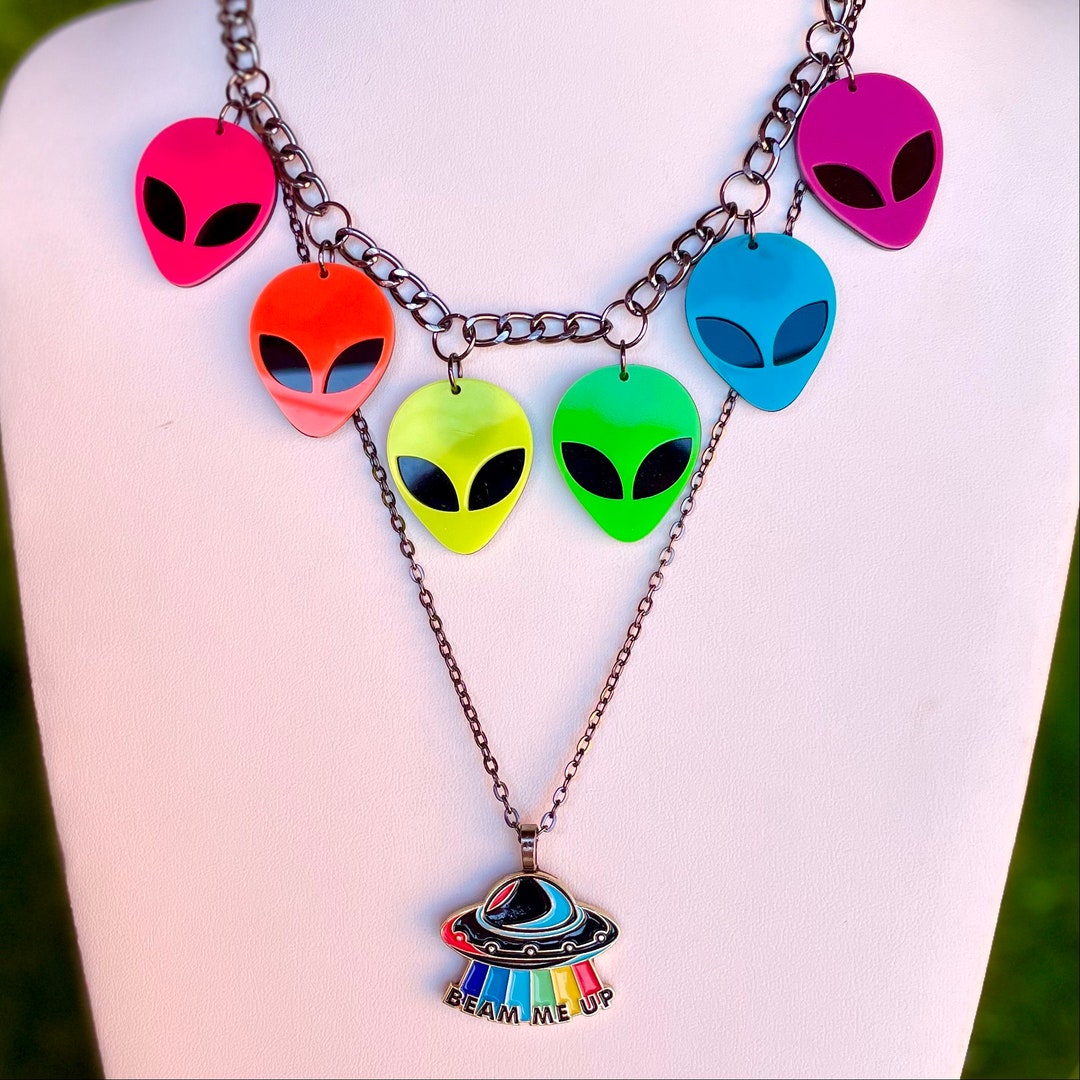 Rainbow Alien Necklace Neon Layered UFO Choker Pride Pendant EDC Rave ...
