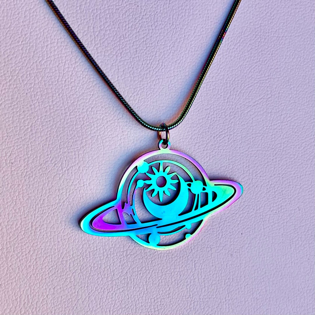 Rainbow Saturn Necklace Cosmic Celestial Pendant Planet UFO Alien ...
