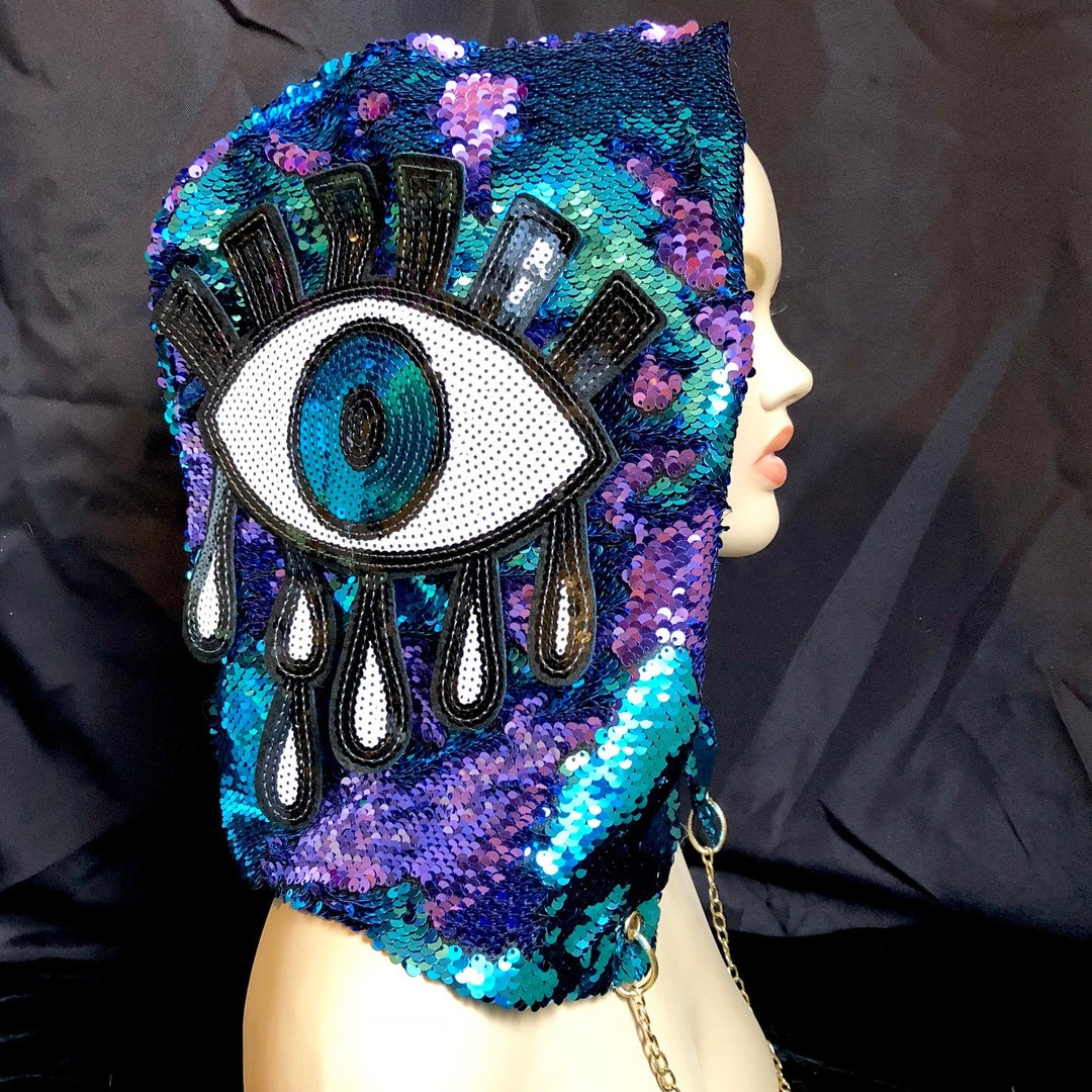 Sequin Hood Rave Music Festival Concert EDC Custom Evil Eye Hat Mermaid ...