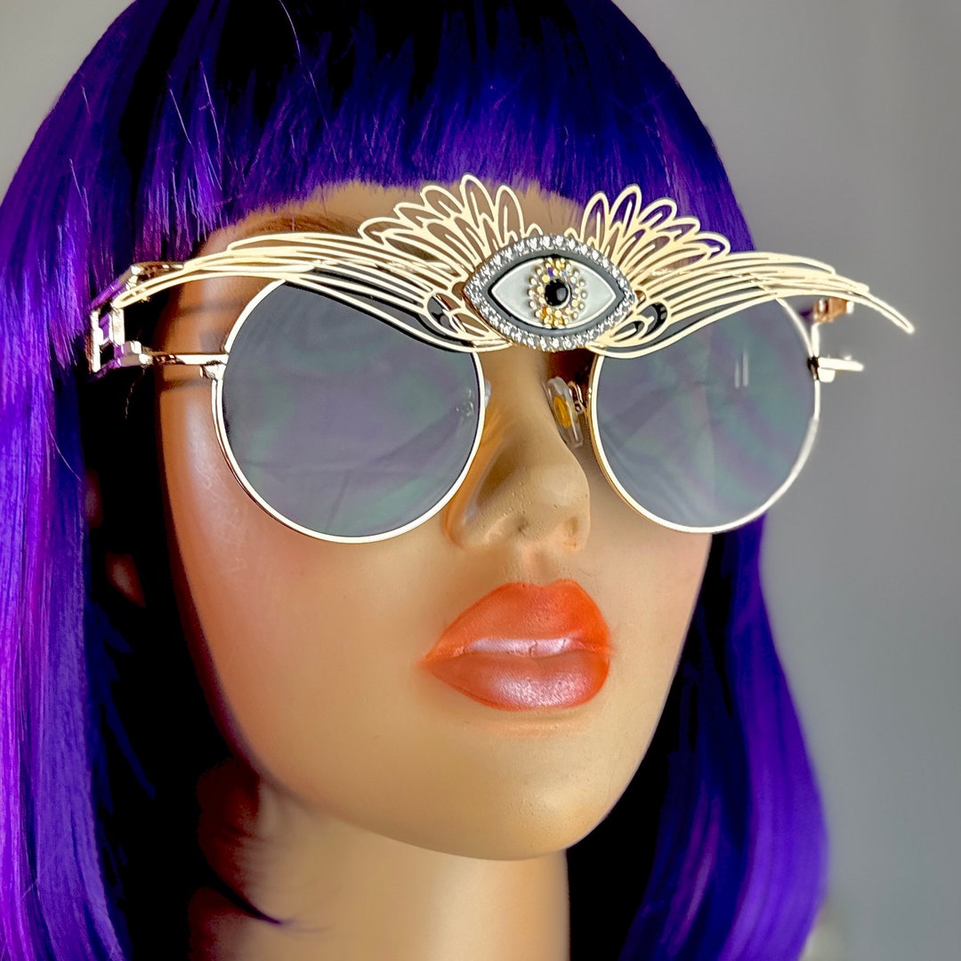 Winged Eye Steampunk Sunglasses Burning Man Black Gold Trippy Psychedelic Third Evil Eye 3rd ...