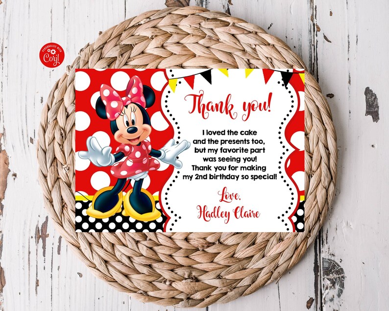 Editable Minnie Mouse Thank You Note Red Black Gold 2nd - Etsy