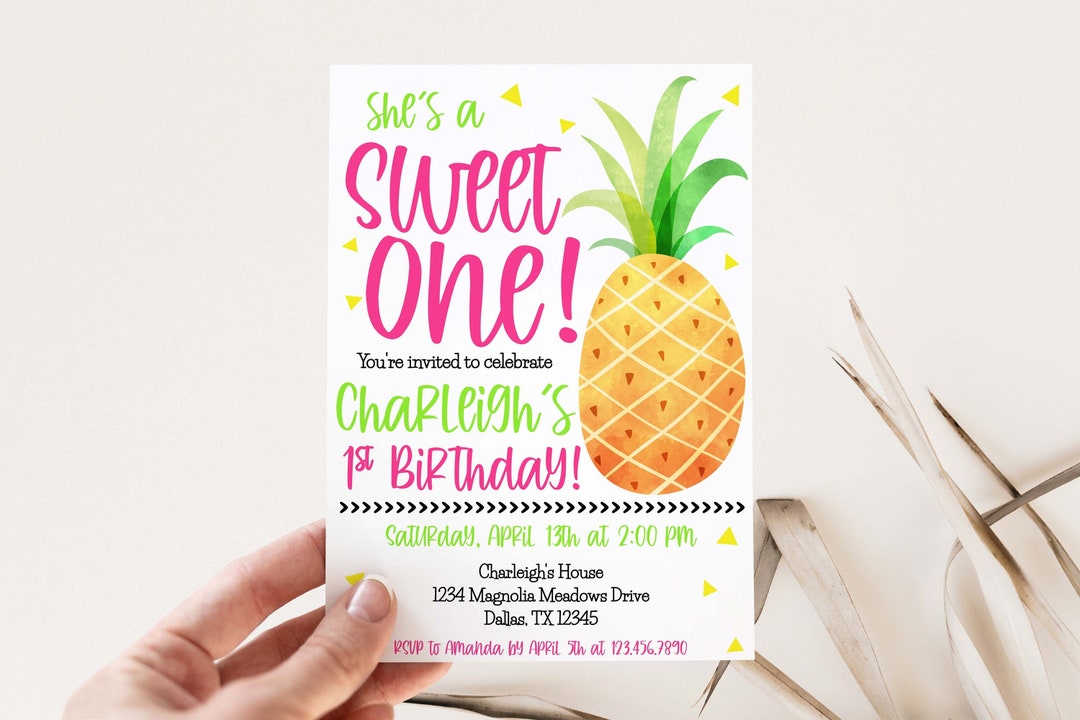 Editable Pineapple Birthday Invitation Sweet One Pineapple Invitation ...