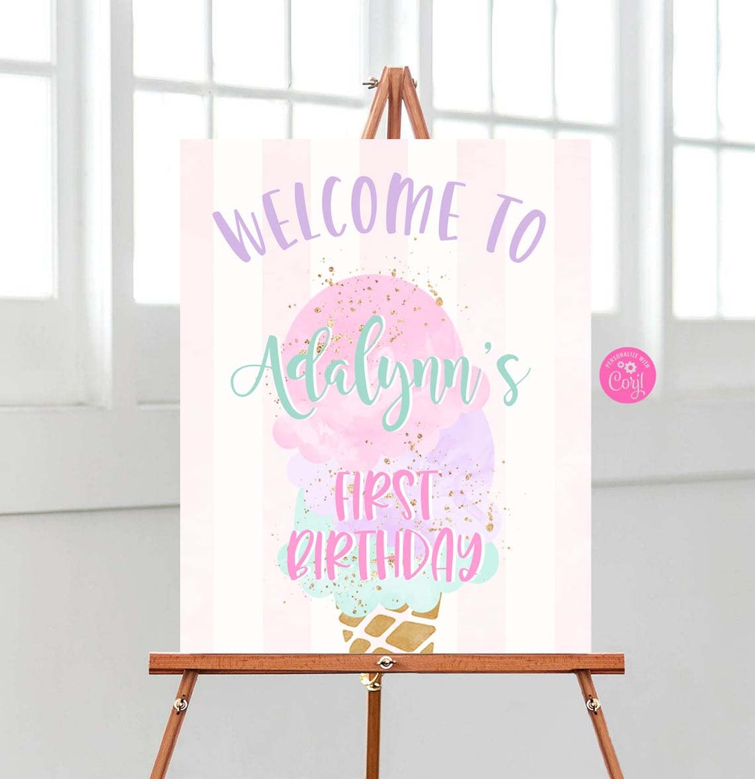 Editable Ice Cream Welcome Sign Ice Cream Birthday Party Pink Girl ...