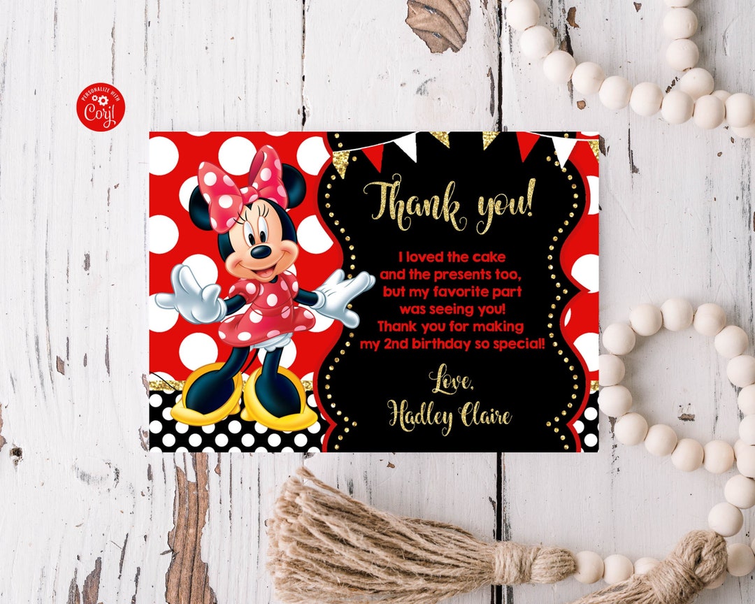Editable Minnie Mouse Thank You Note Red Black Gold 2nd Birthday Minnie ...