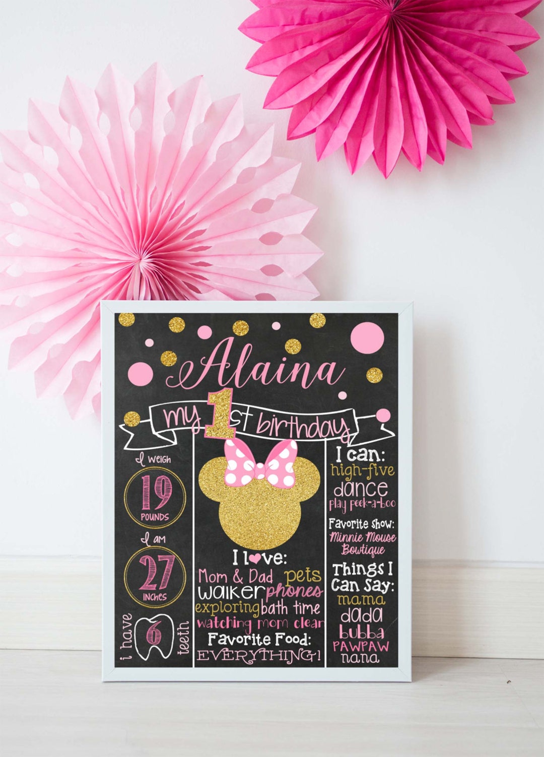First Birthday Chalkboard Sign, First Birthday Milestone Sign, Minnie ...
