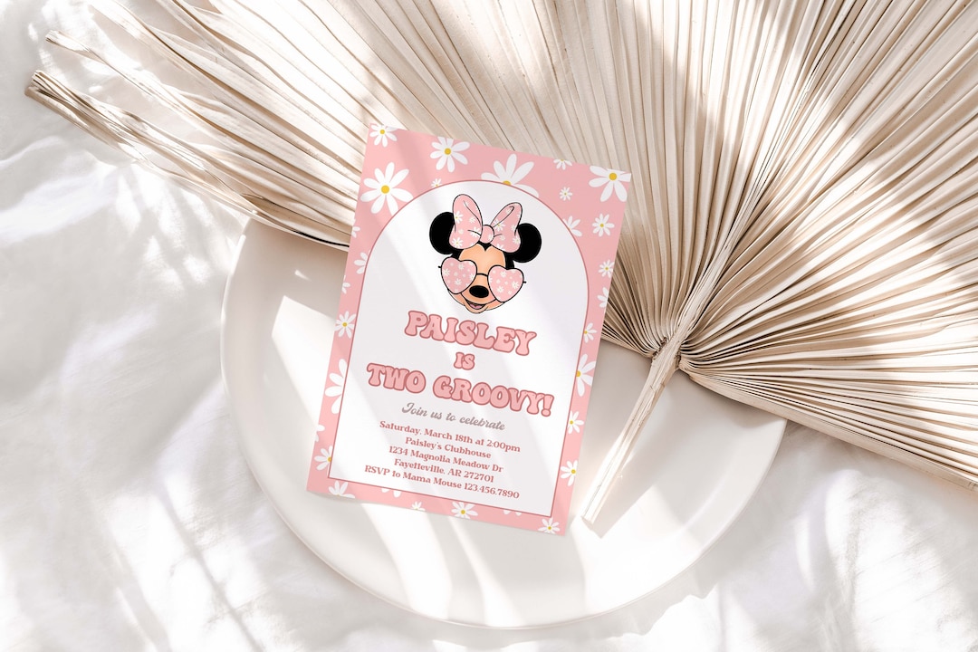 Editable Groovy Minnie Invitation Two Groovy Retro Daisy Minnie Mouse ...