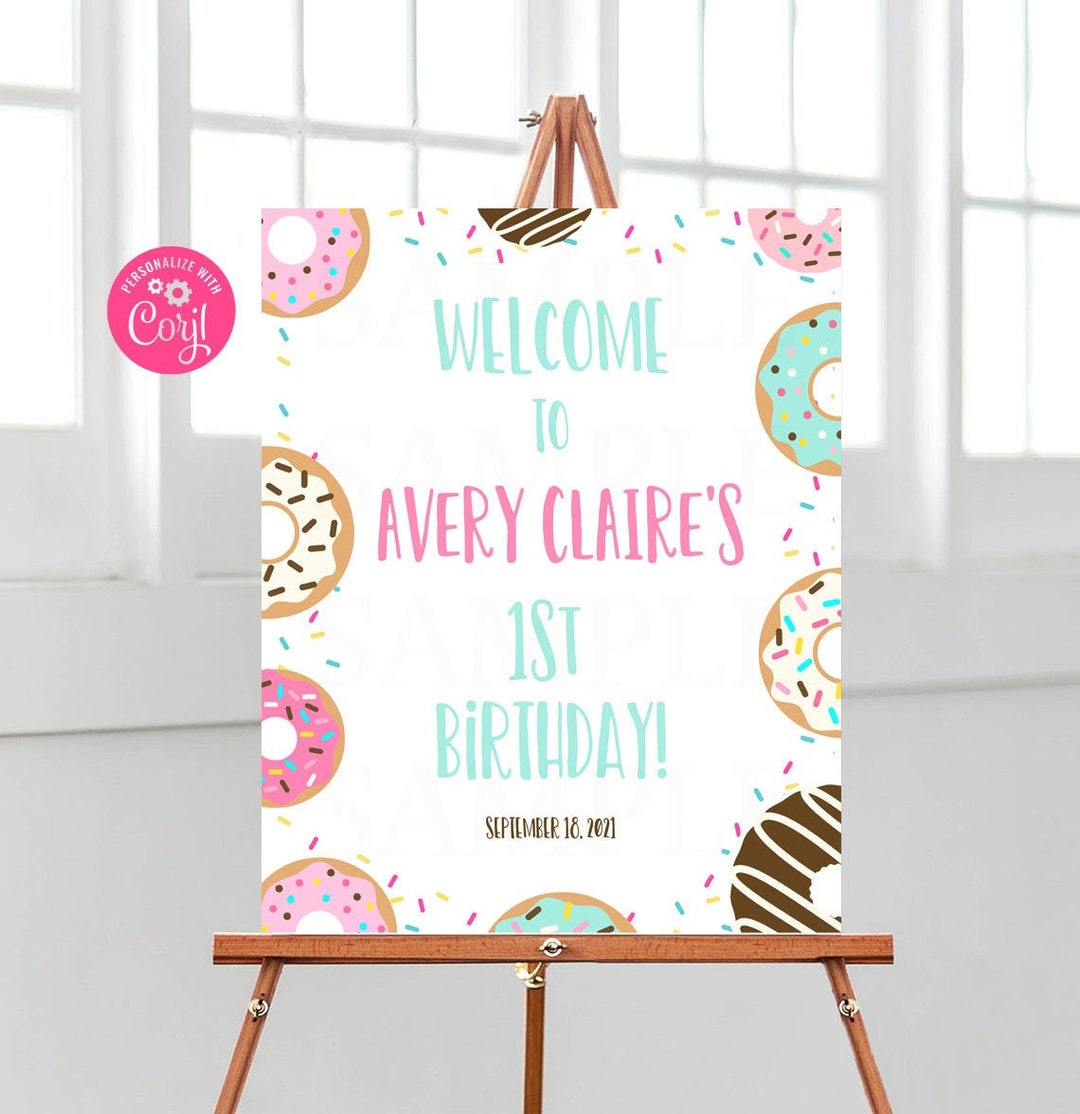 Editable Donut Welcome Sign Donut Birthday Party Pink Girl Doughnut ...