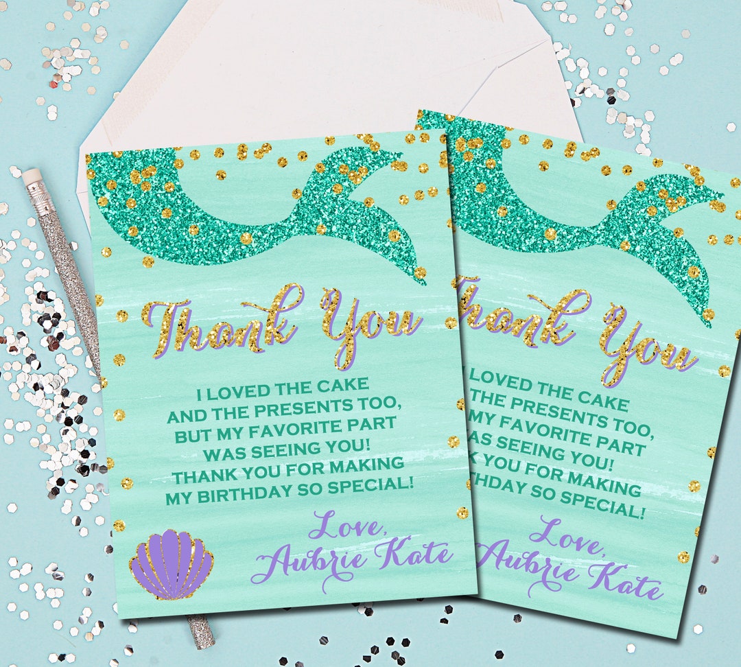 Mermaid Thank You Notes, Mermaid Thank You Cards, Mermaids, Gold, Mint ...