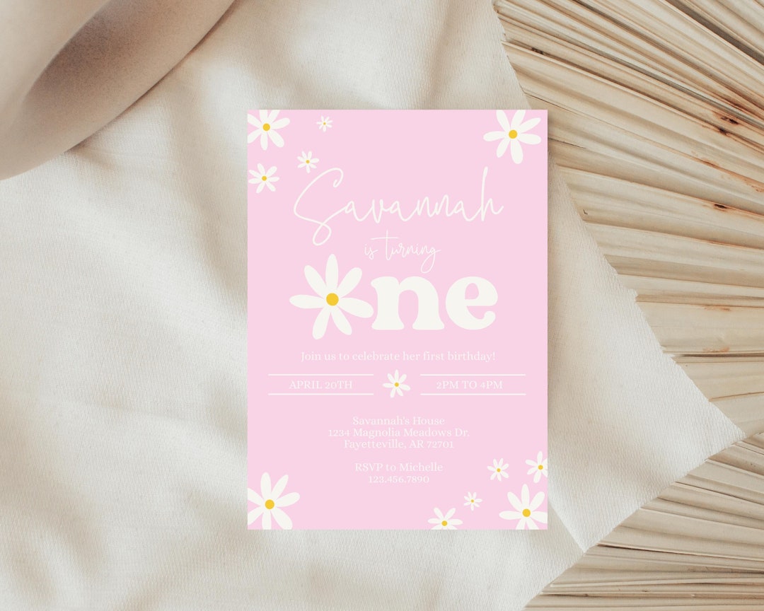 Editable Daisy Birthday Invitation Pink Daisy 1st Birthday Invitation ...