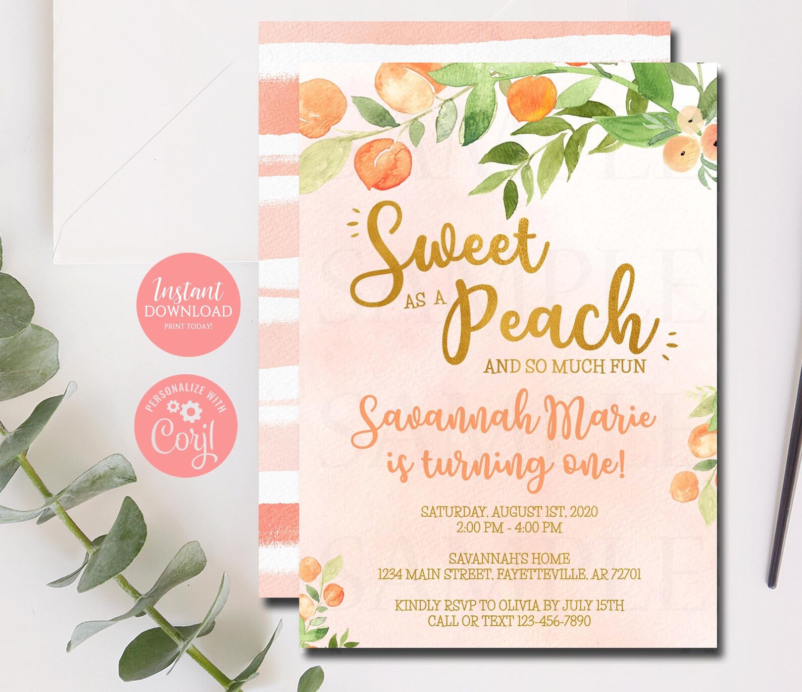 Editable Peach Birthday Invitation Sweet as a Peach Peach | Etsy