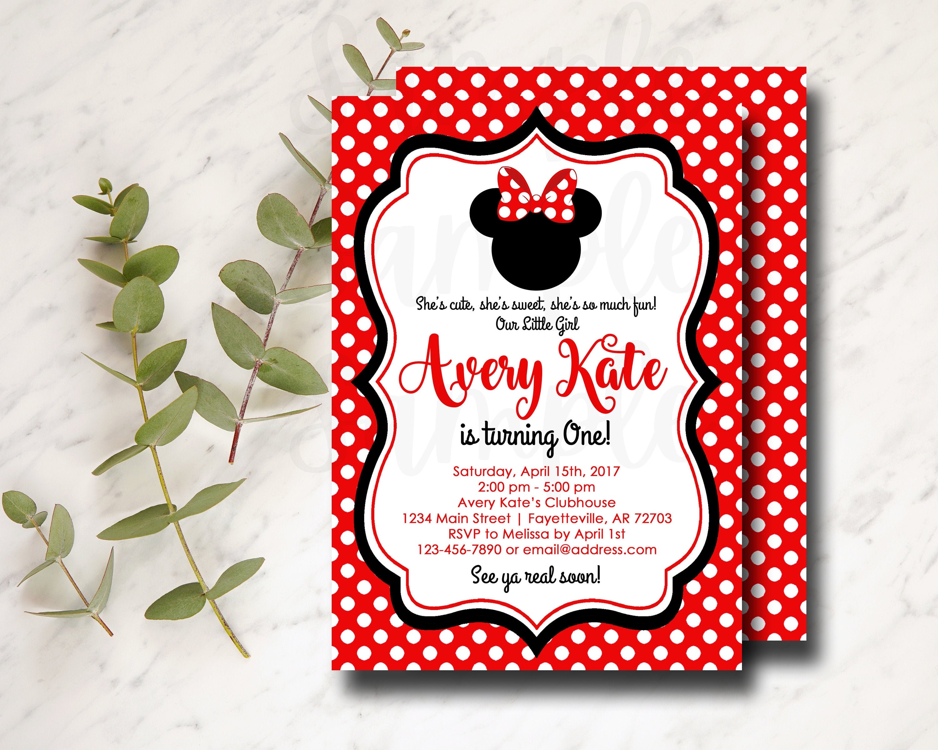 Editable Minnie Mouse 1st Birthday Invitations Instant