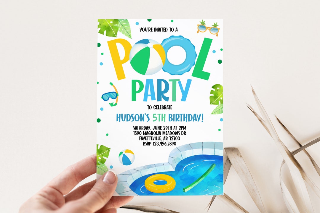 Editable Pool Party Invitation Tropical Boy Birthday Pool Party Summer ...
