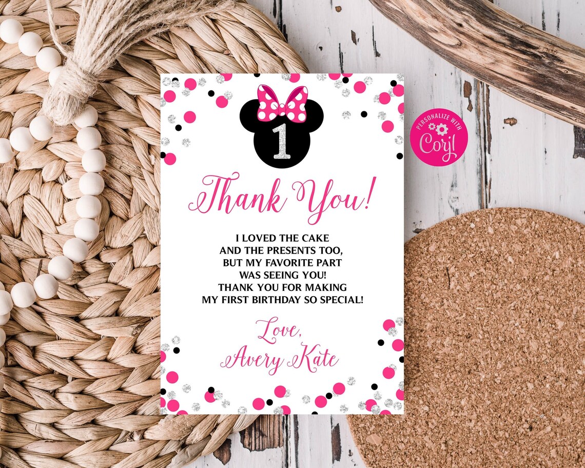 Editable Minnie Mouse Thank You Card Minnie Mouse Birthday - Etsy