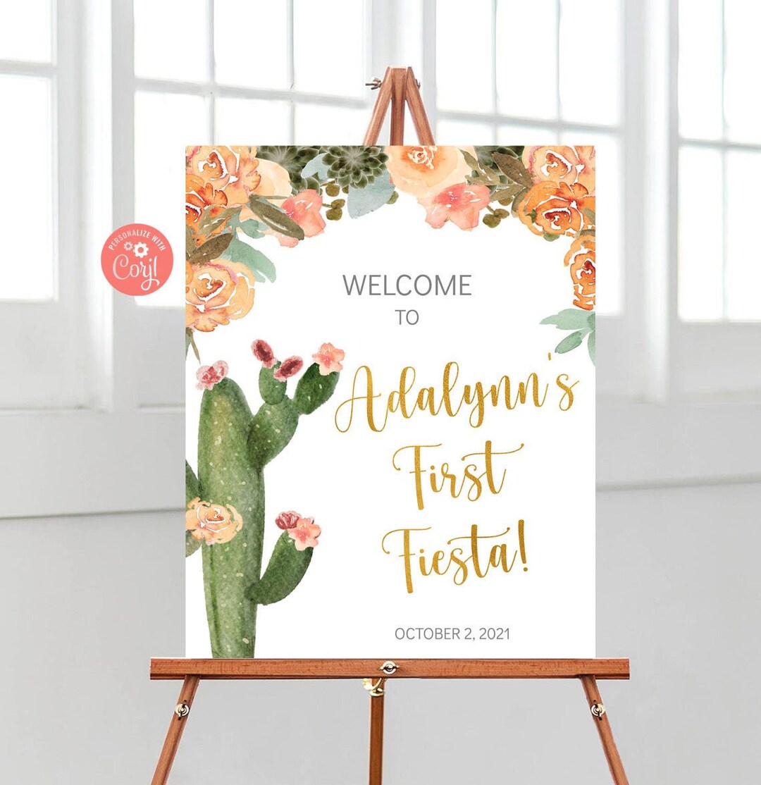 Editable Cactus First Fiesta Welcome Sign Cactus Birthday Welcome Sign ...