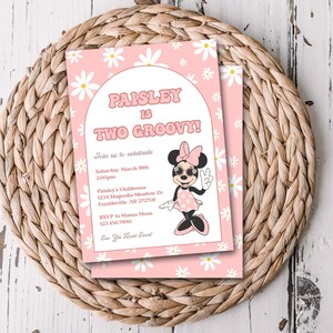 Editable Groovy Minnie Invitation Two Groovy Retro Daisy Minnie Mouse ...