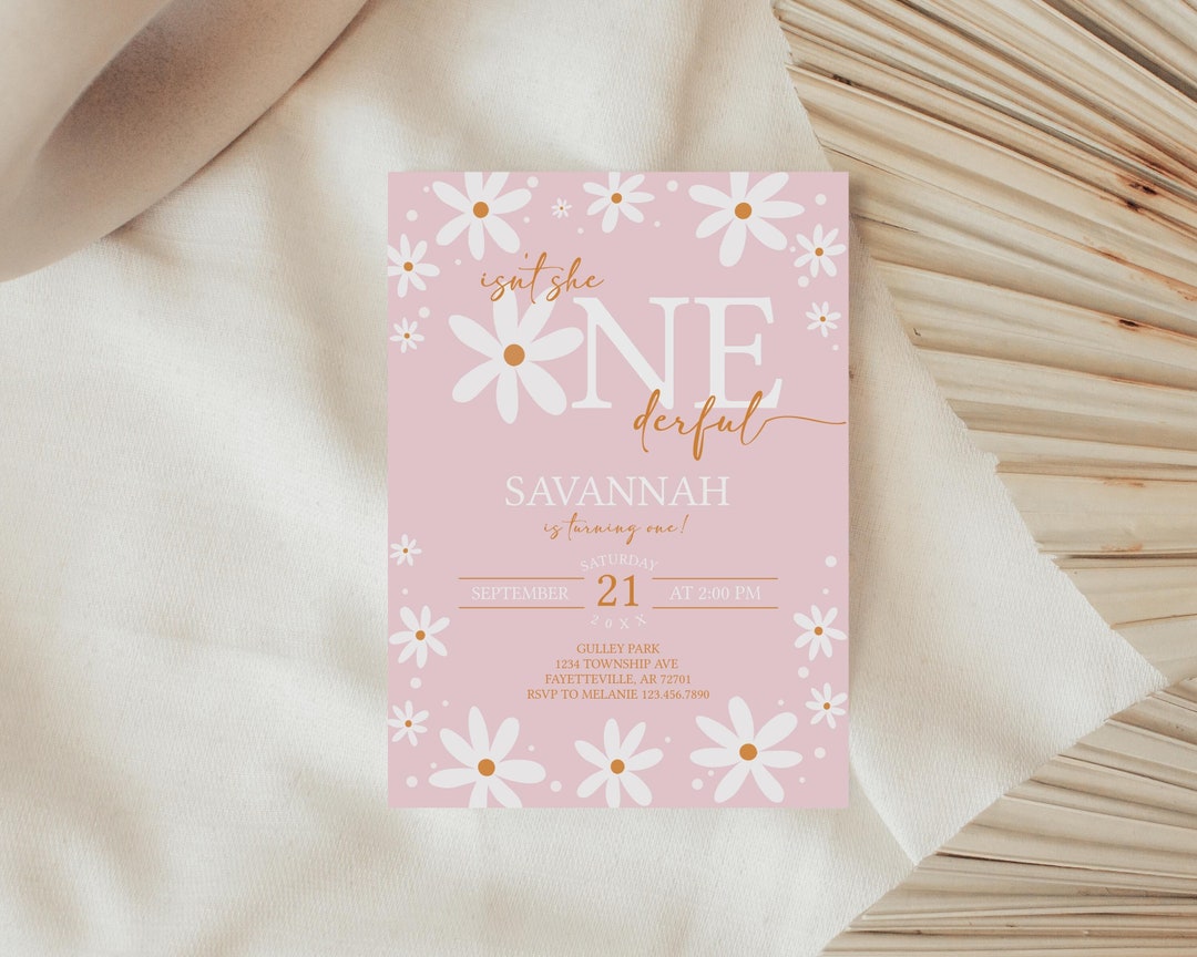 Editable Daisy Birthday Invitation Pink Daisy Isn't She Onederful 1st ...