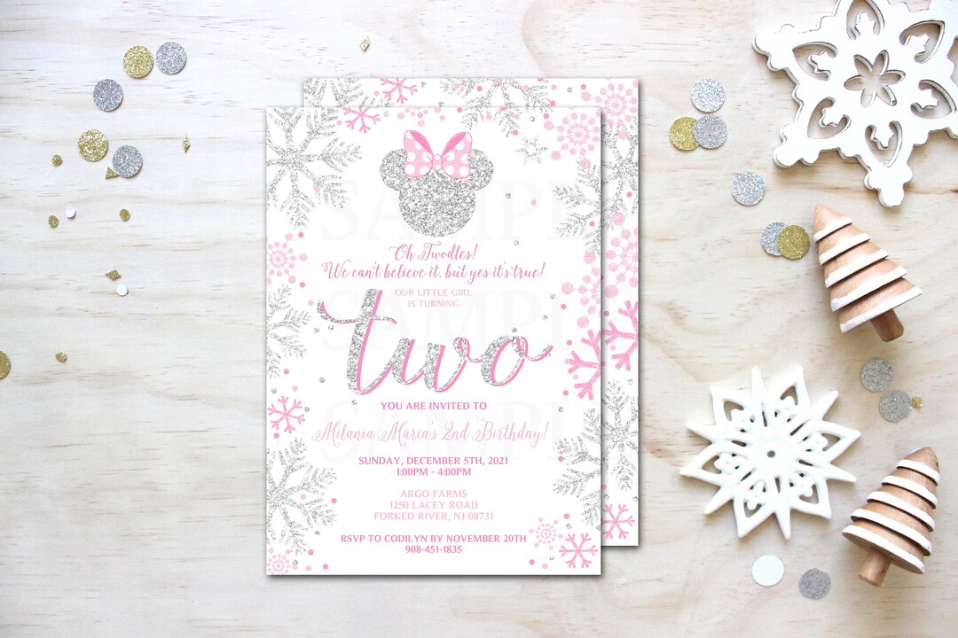 Winter Minnie Mouse Invitation Pink and Silver Snowflakes Winter Oh ...