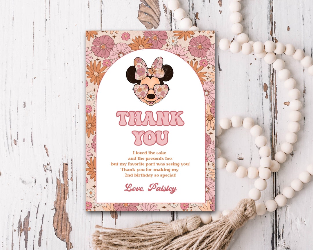 Editable Groovy Minnie Thank You Cards Retro Minnie Mouse Thank You ...