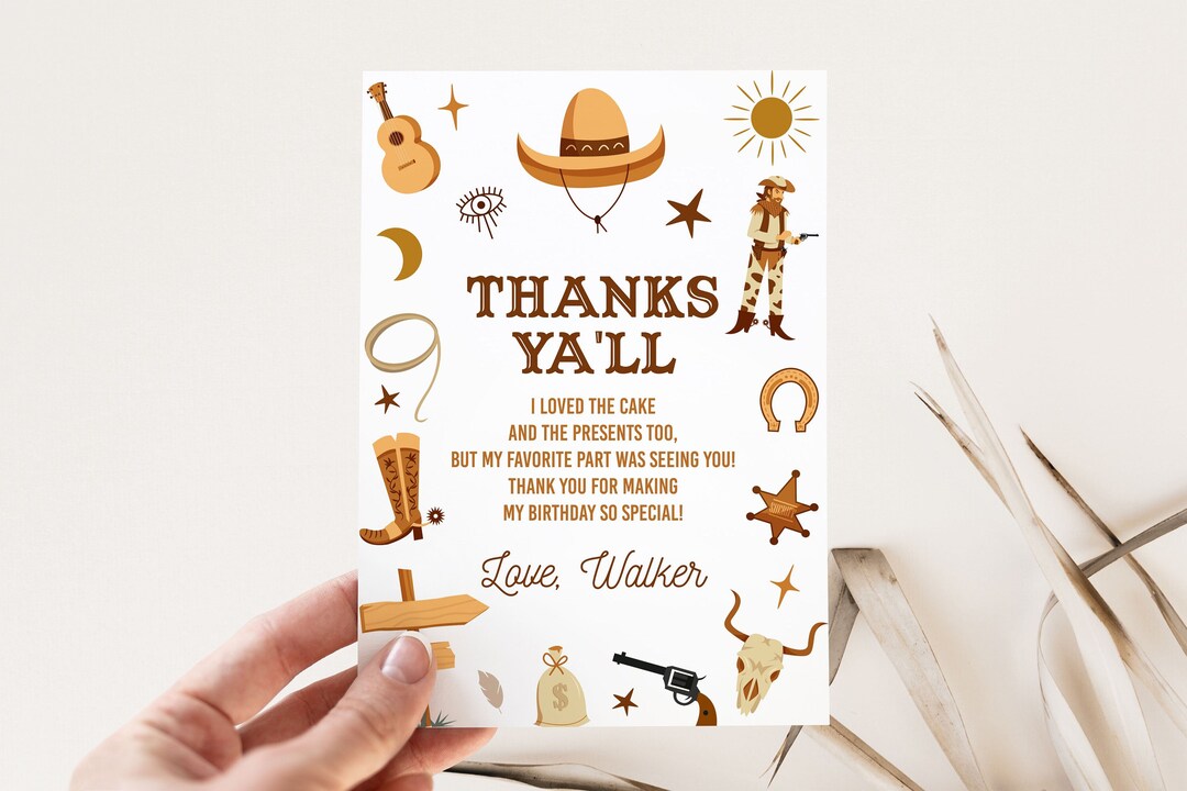 Editable Cowboy Thank You Note Rodeo Cowboy 1st Birthday Thank You Card ...