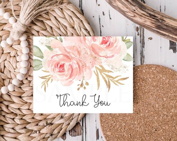 Floral Thank You Card Pink and Gold Floral Floral Flat Thank - Etsy