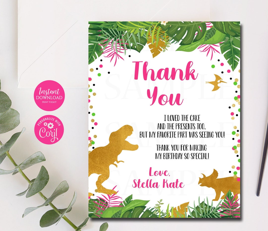 Editable Girl Dinosaur Thank You Note, Dinosaur Thank You Cards, Pink ...