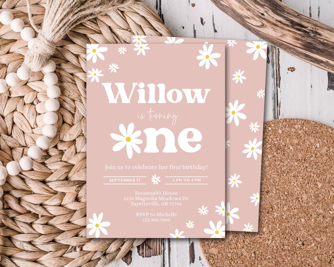 Daisy 1st Birthday Invitation Pink Daisy First Birthday ONE Groovy ...