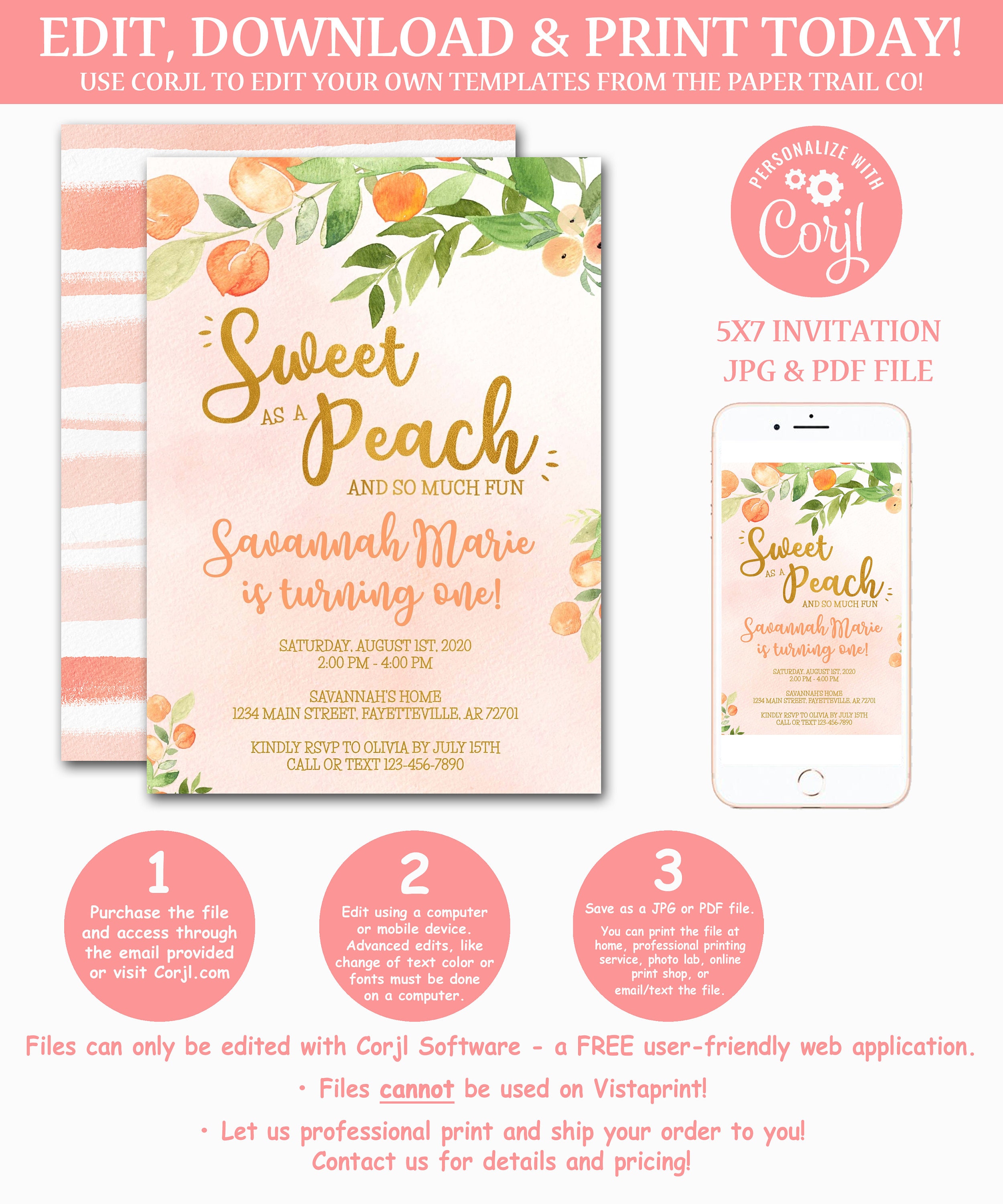 Editable ANY AGE Peach Birthday Invitation Girl Sweet As A Peach ...