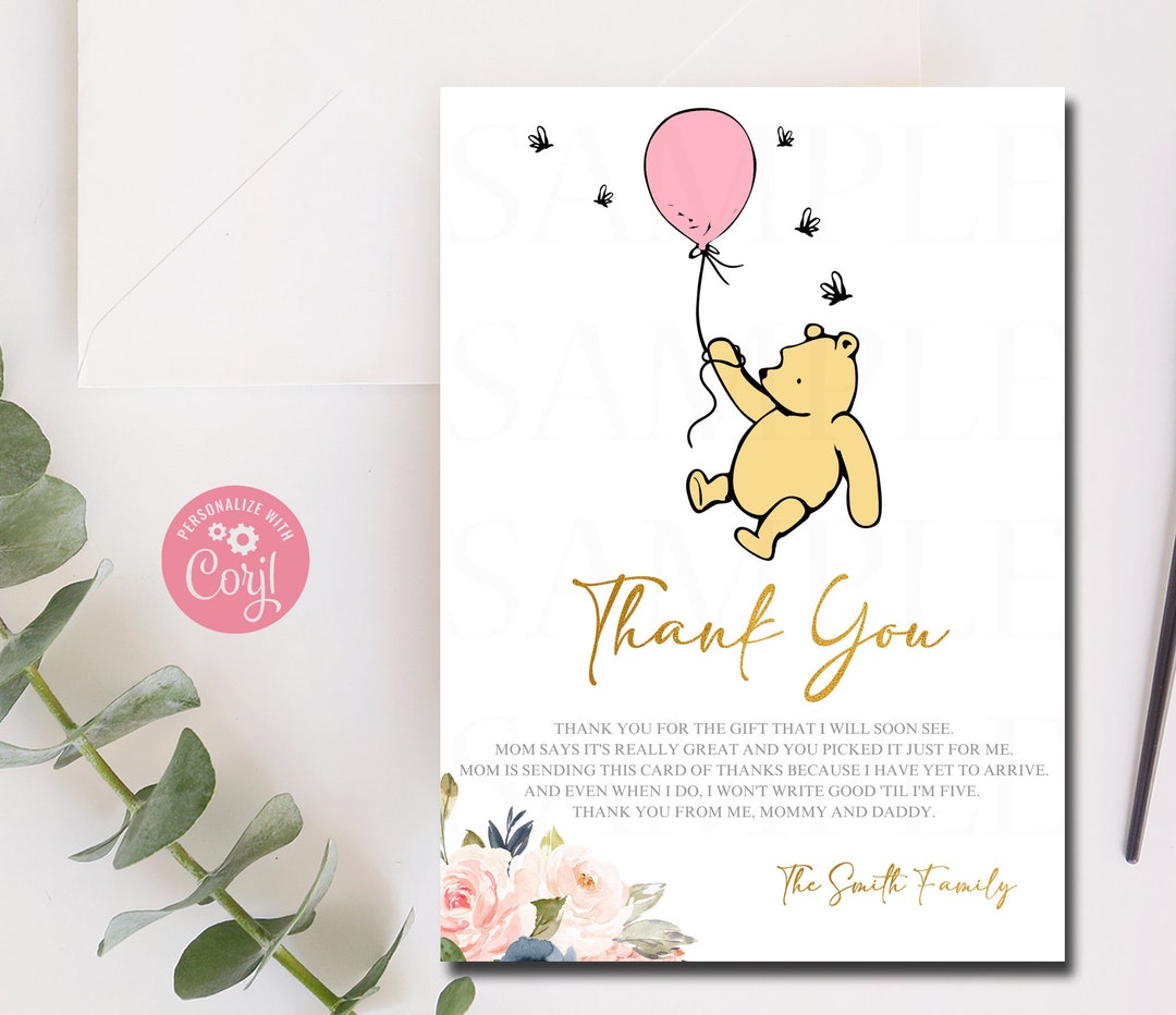 Editable Winnie the Pooh Thank You Note Pink Thank You Card Winnie the ...