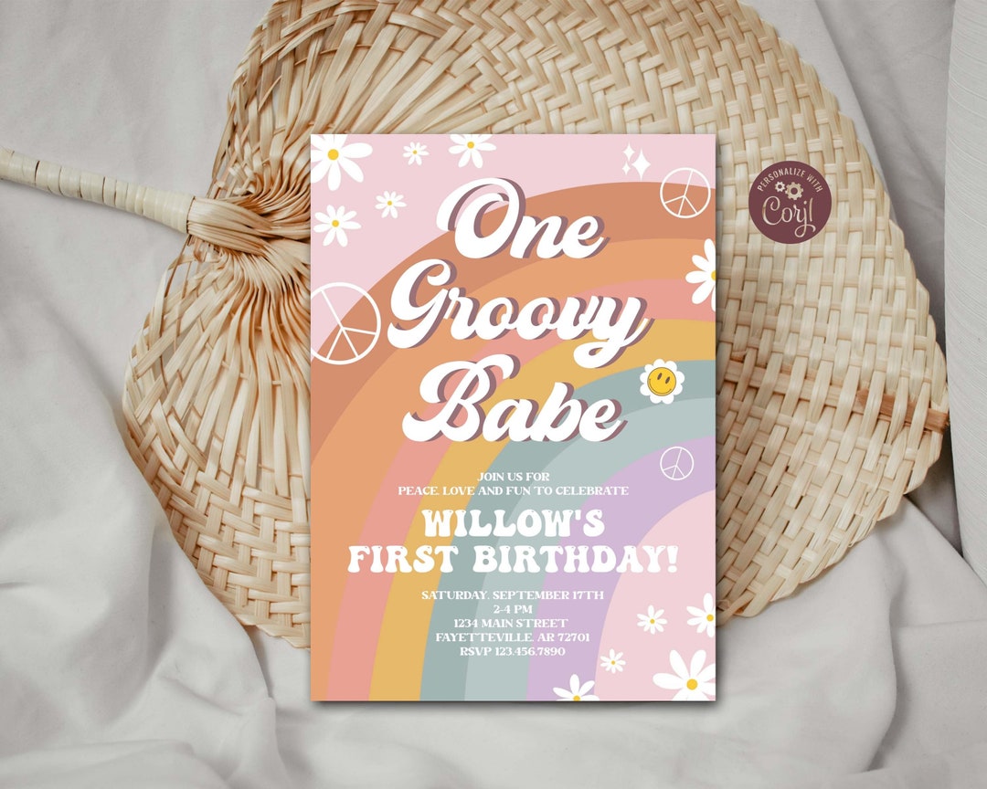 Editable One Groovy Babe Birthday Invitation Groovy 1st Birthday ...