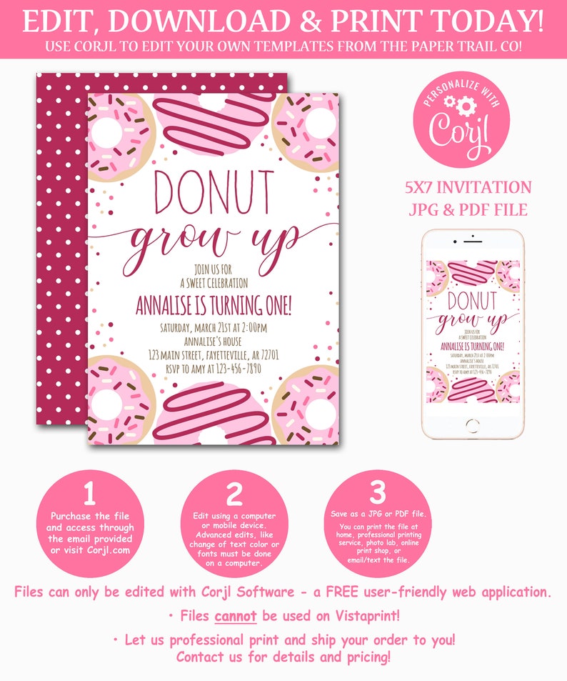 Editable Donut Invitation Donut Grow Up Donut Birthday Girl | Etsy
