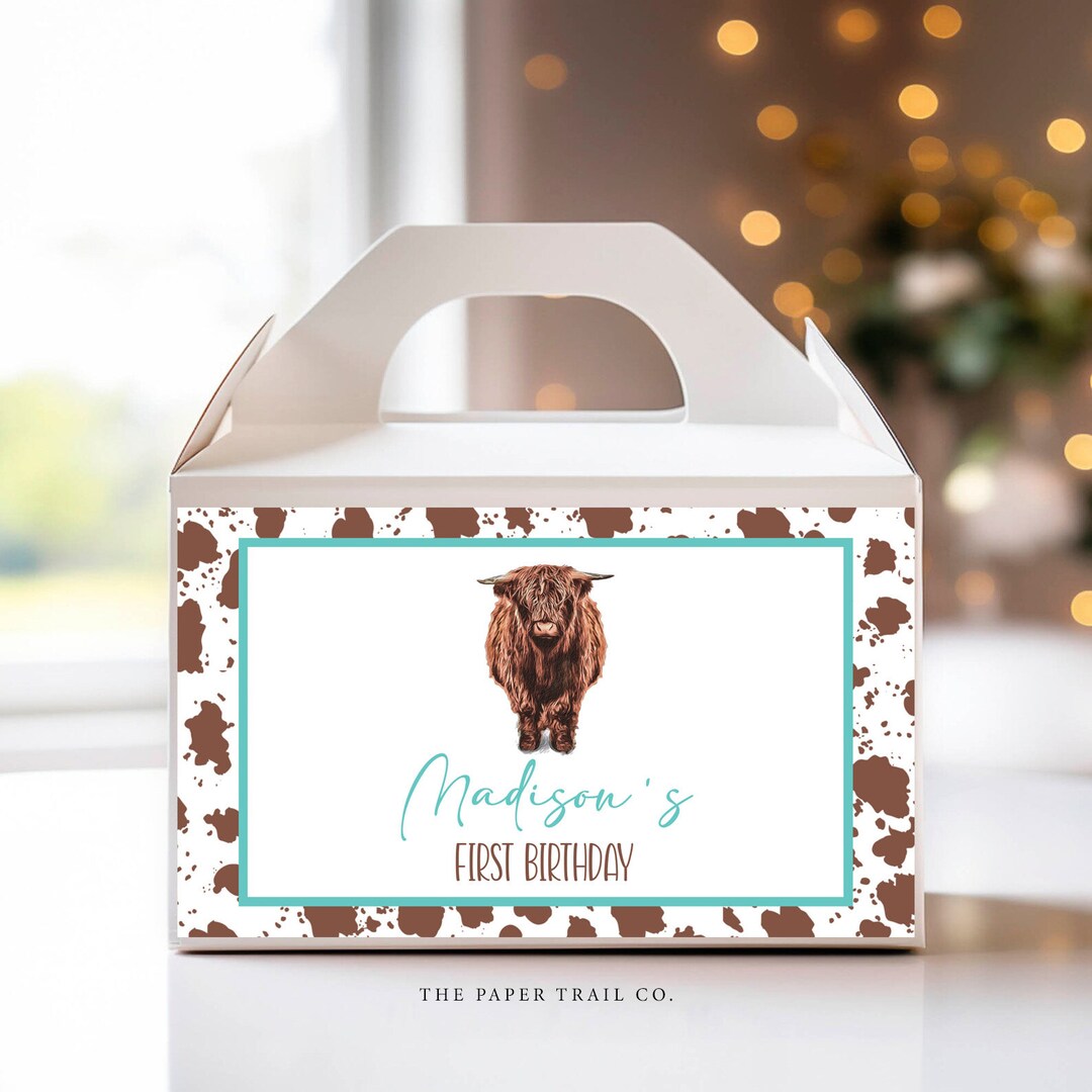Editable Highland Cow Birthday Party Treat Box Labels Cow Print Holy ...
