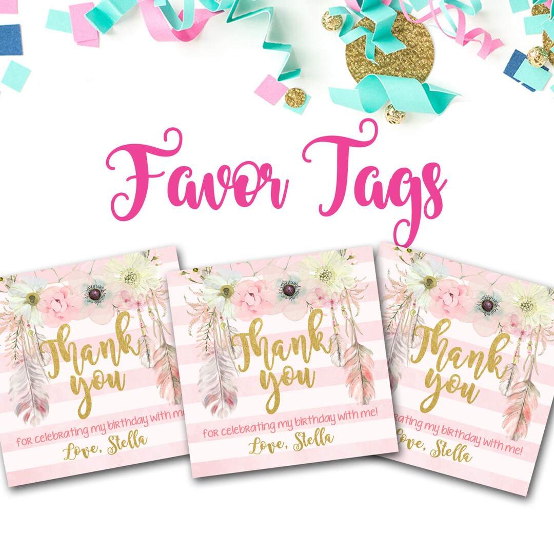 Dream Catcher Favor Tags, Boho Favor Tags, Favor Tags, Boho, Pink and ...