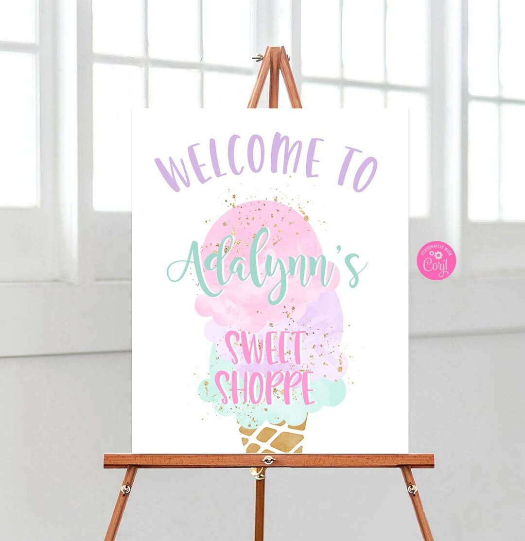Editable Ice Cream Welcome Sign Ice Cream Birthday Party Pink Girl ...