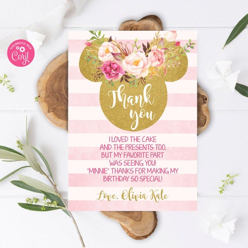 Thank You Card Minnie Mouse Thank You Note Template Oh - Etsy